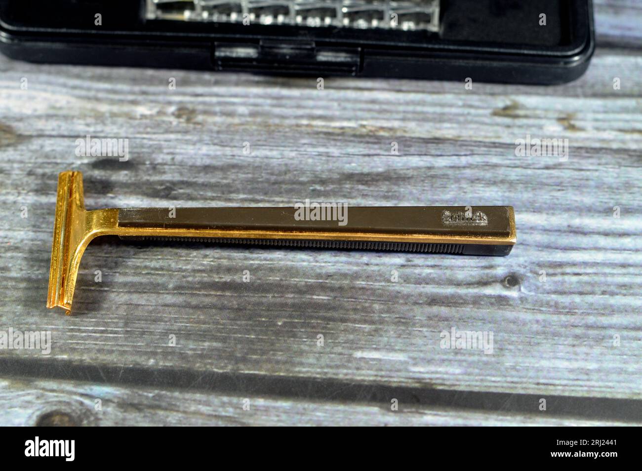 Giza, Egypt, August 12 2023: Old Schick Super II handle and razors ...
