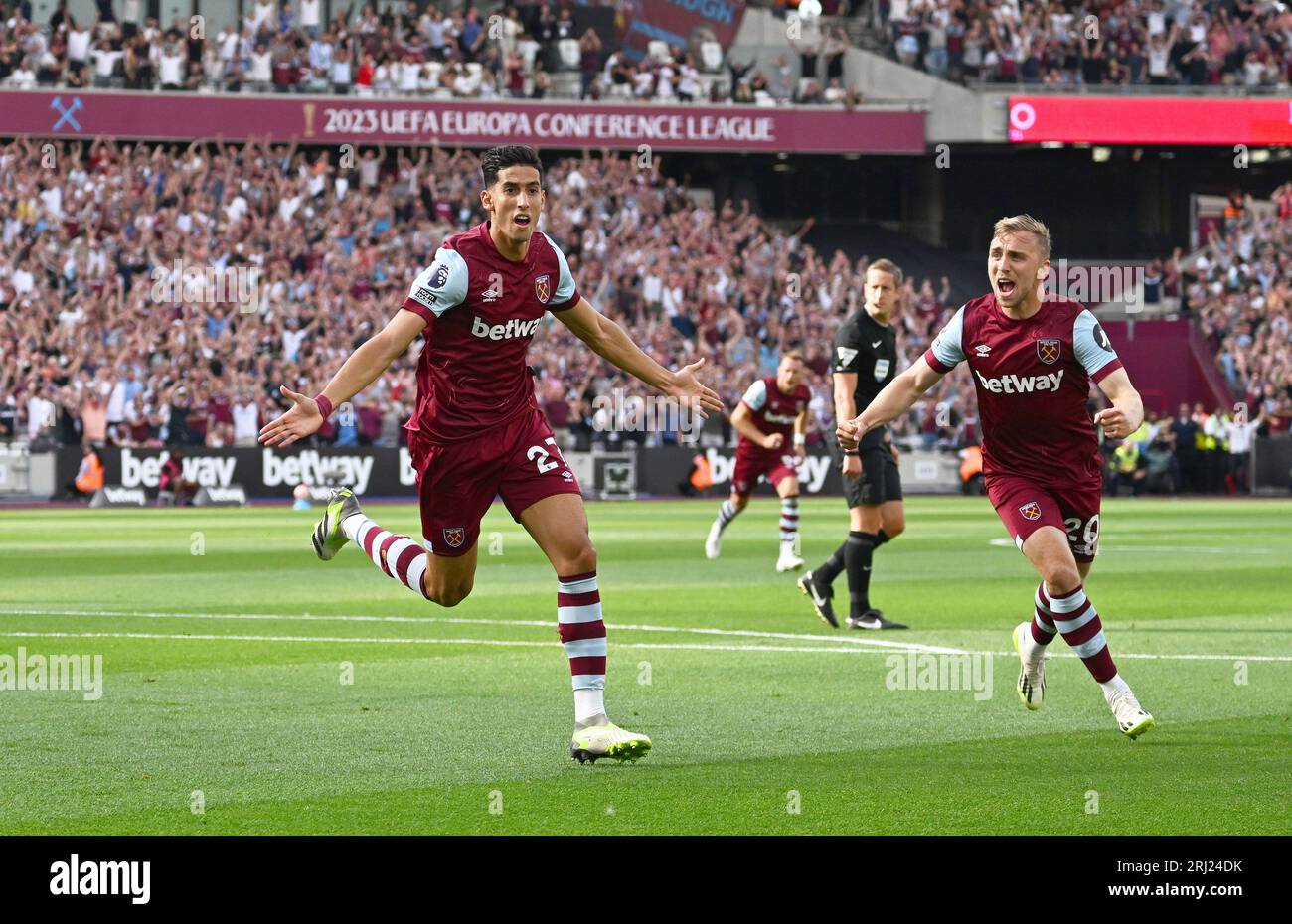 London, UK. 20th Aug, 2023. Nayef Aguerd of West Ham Utd (l) celebrates ...