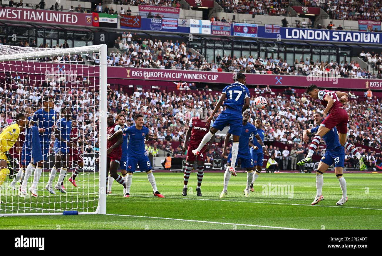 London, UK. 20th Aug, 2023. Nayef Aguerd of West Ham Utd (r) heads and ...