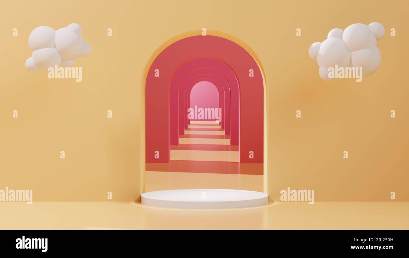 Yellow and pink colors, arched wall, white podium, air blocks 3D ...