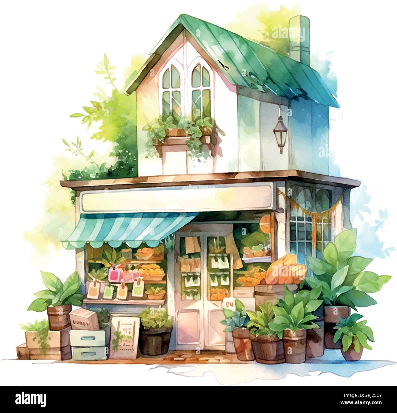 Organic green shop watercolor in cartoon style on white background ...