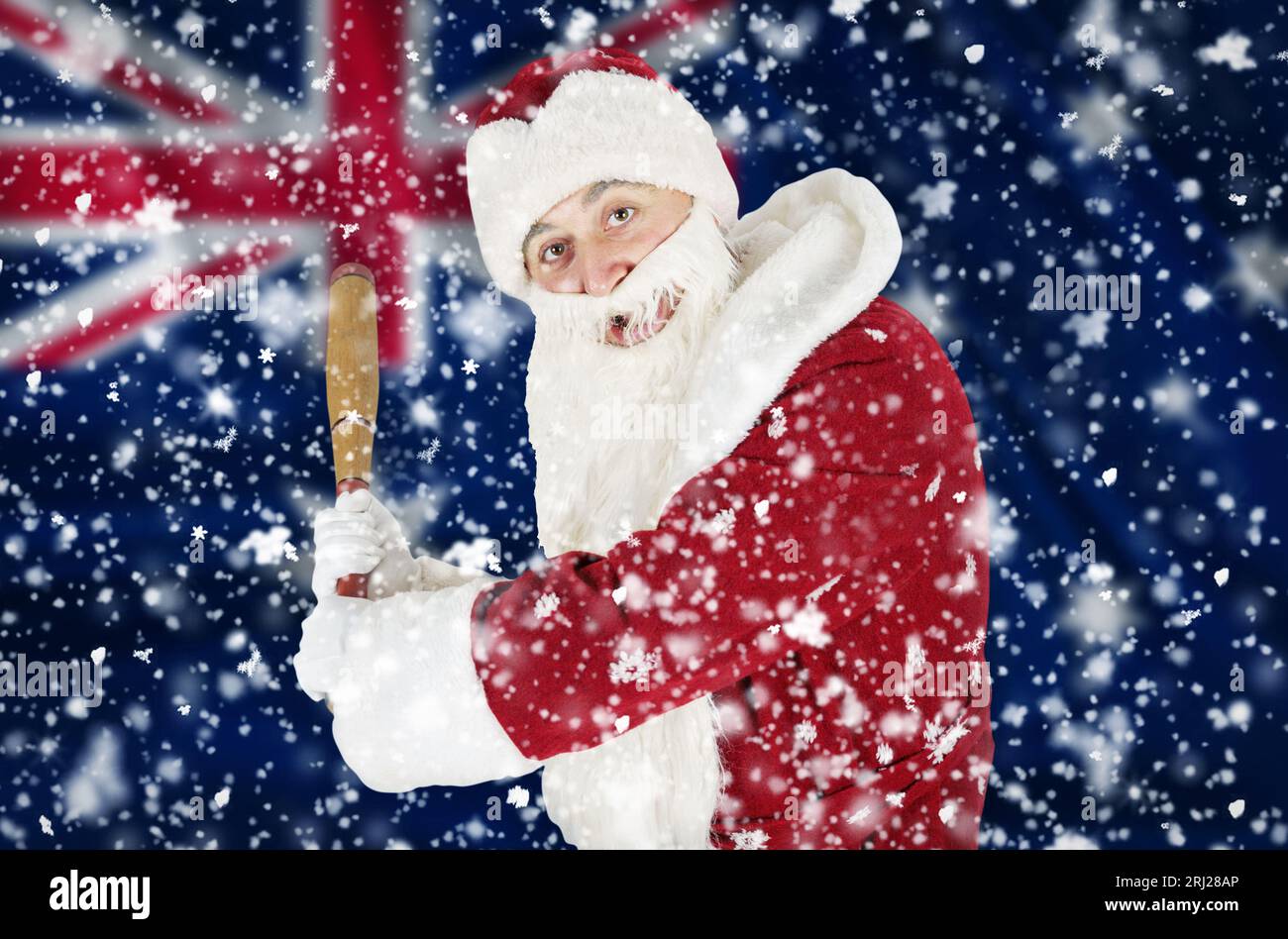 Santa Claus aggressively threatens with a bat against the backdrop of ...