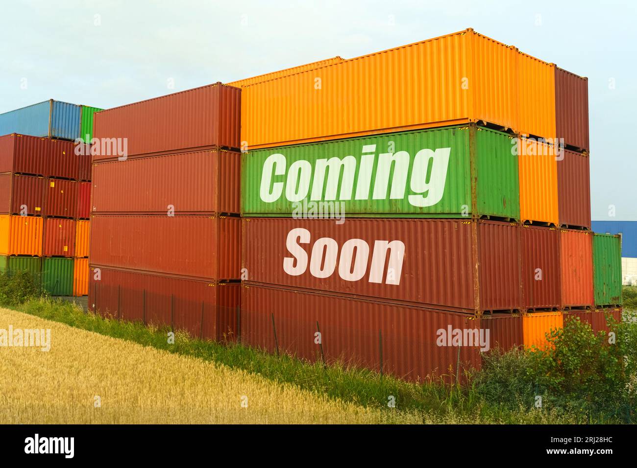 Business concept. On colored containers for the carriage of goods, the ...