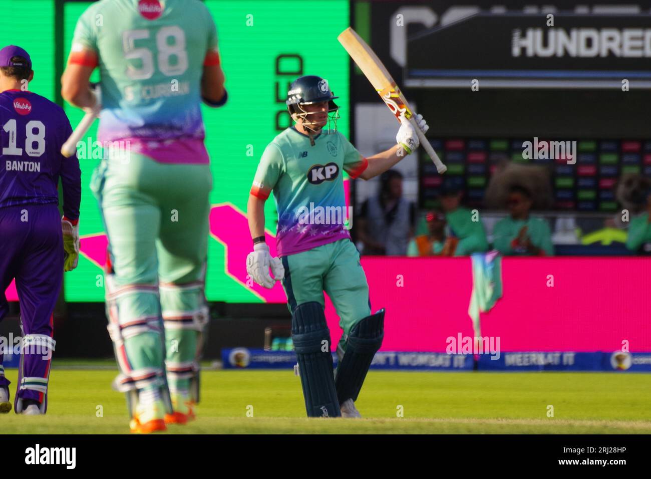 Leeds, 11 August 2023. Jordan Cox batting for Oval Invincibles raising ...