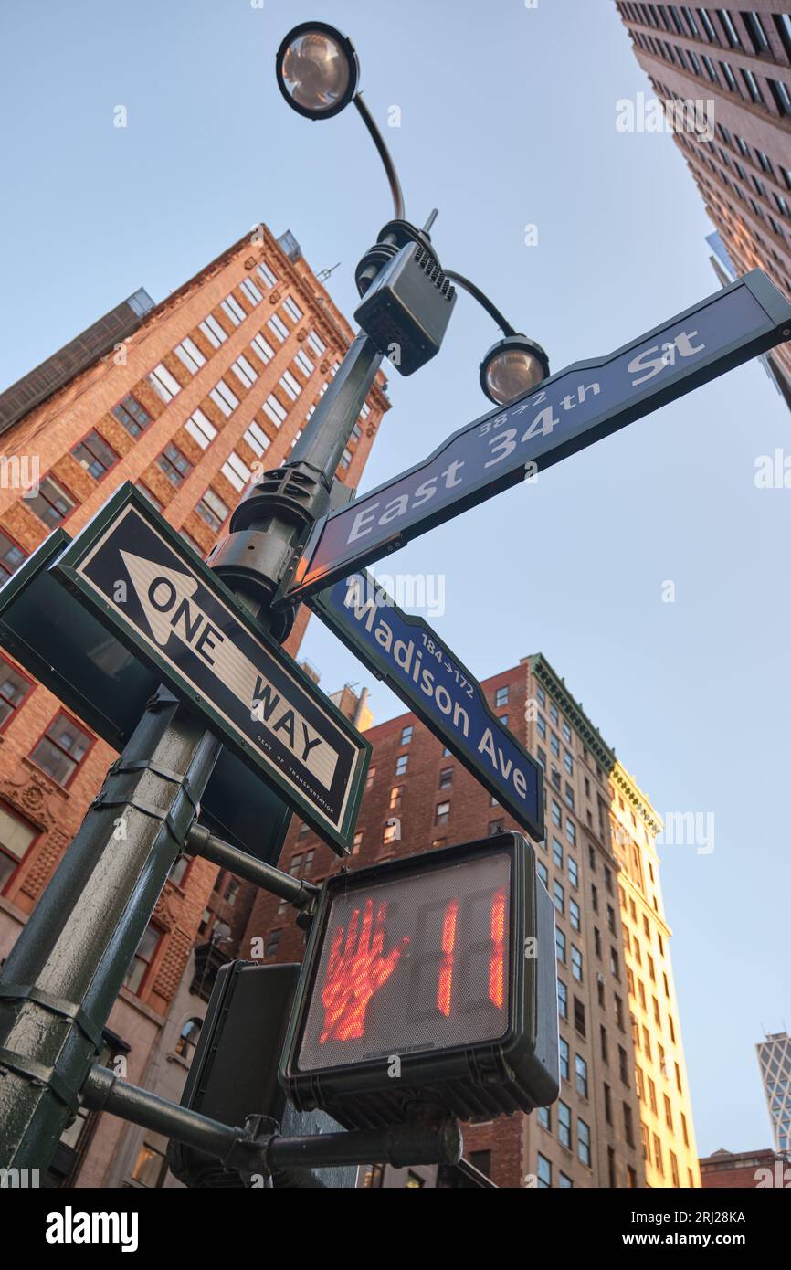 Pedestrian crossing lights at corner of East 34th Street & Madison ...