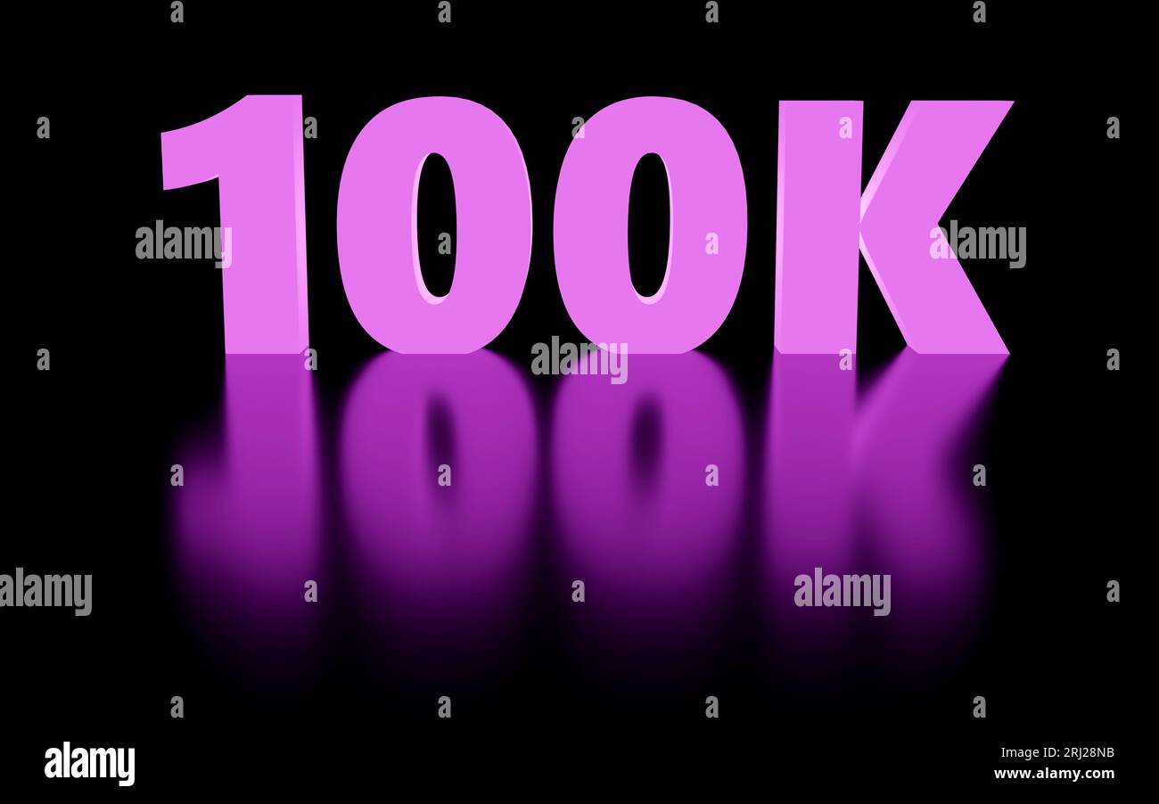 A blue glowing sign saying 100k in dark empty reflective room Stock ...