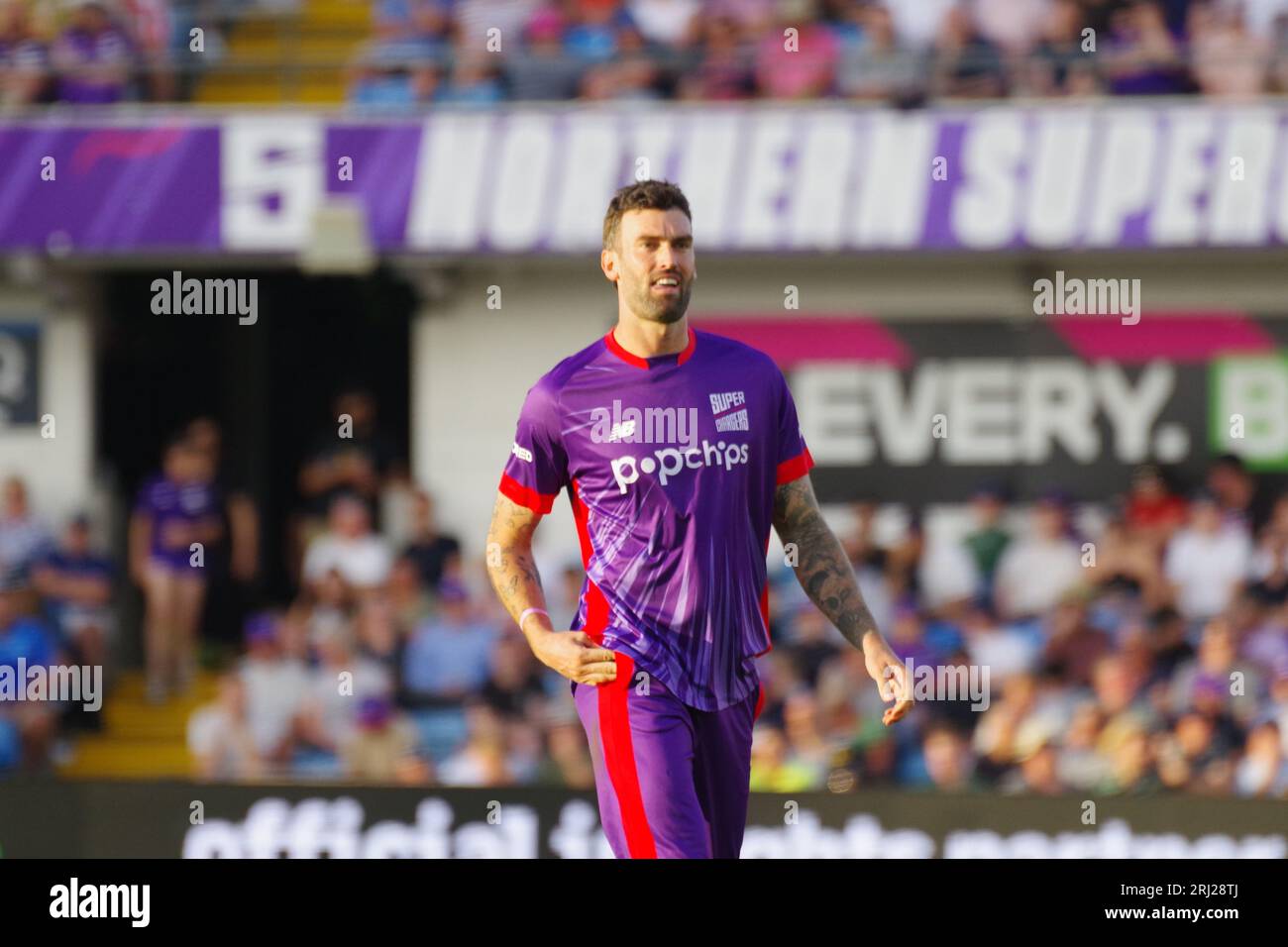 Leeds, 11 August 2023. Reece Topley playing for Northern Superchargers ...