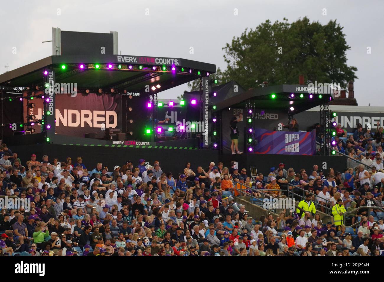 Leeds, 11 August 2023. The stage and DJ booth at Headingley, Leeds ...