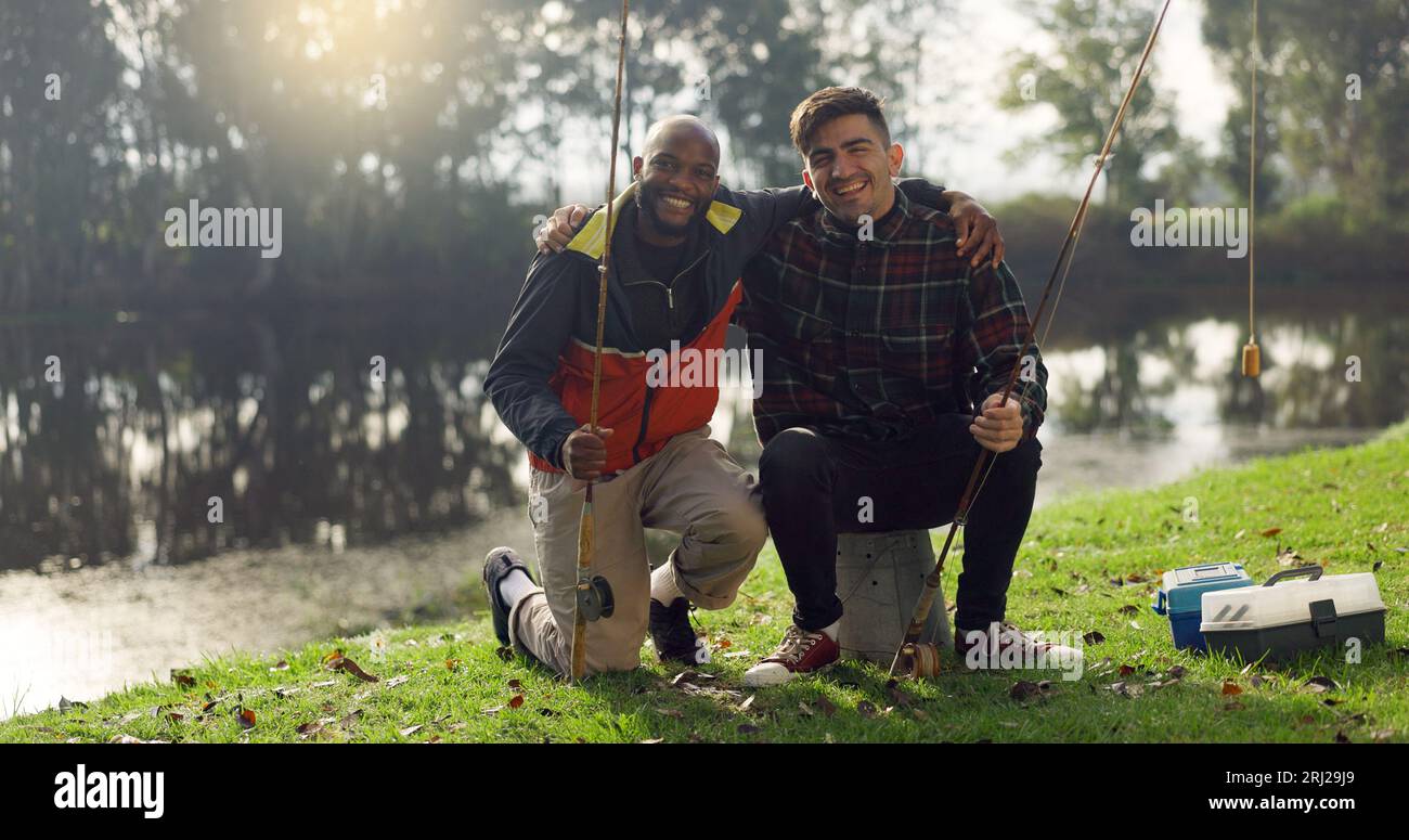 Fishing, lake and friends hug in nature on holiday, adventure and ...