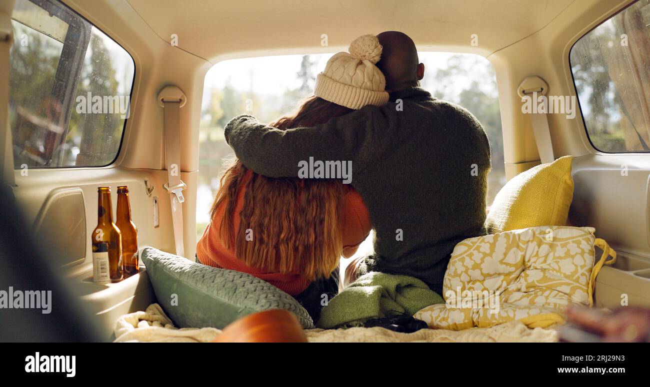 Road trip, nature and couple hug in car from back, relax on adventure ...