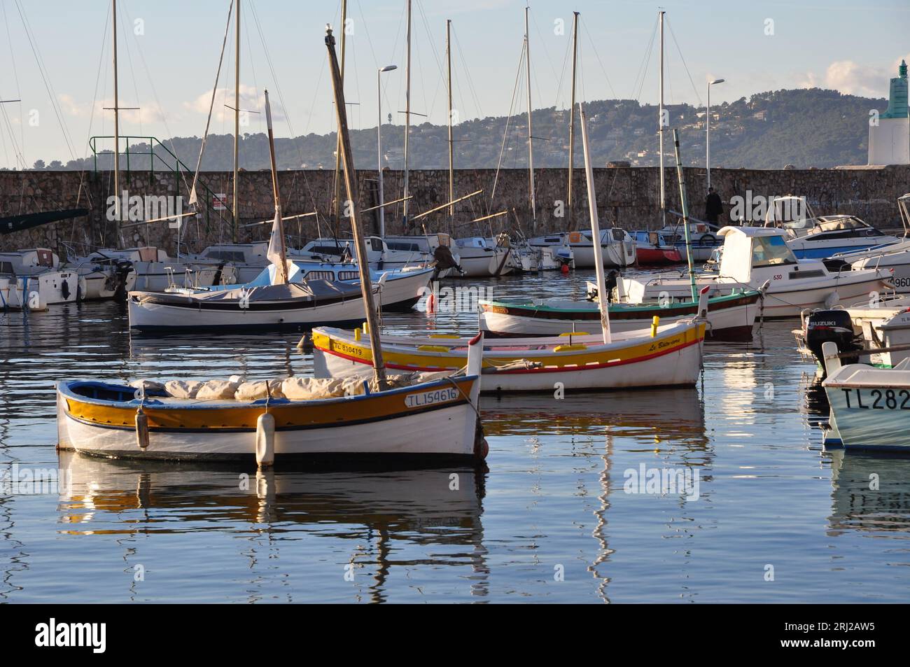 Typical Provencal fishing boats at the small port St Louis du Mourillon ...