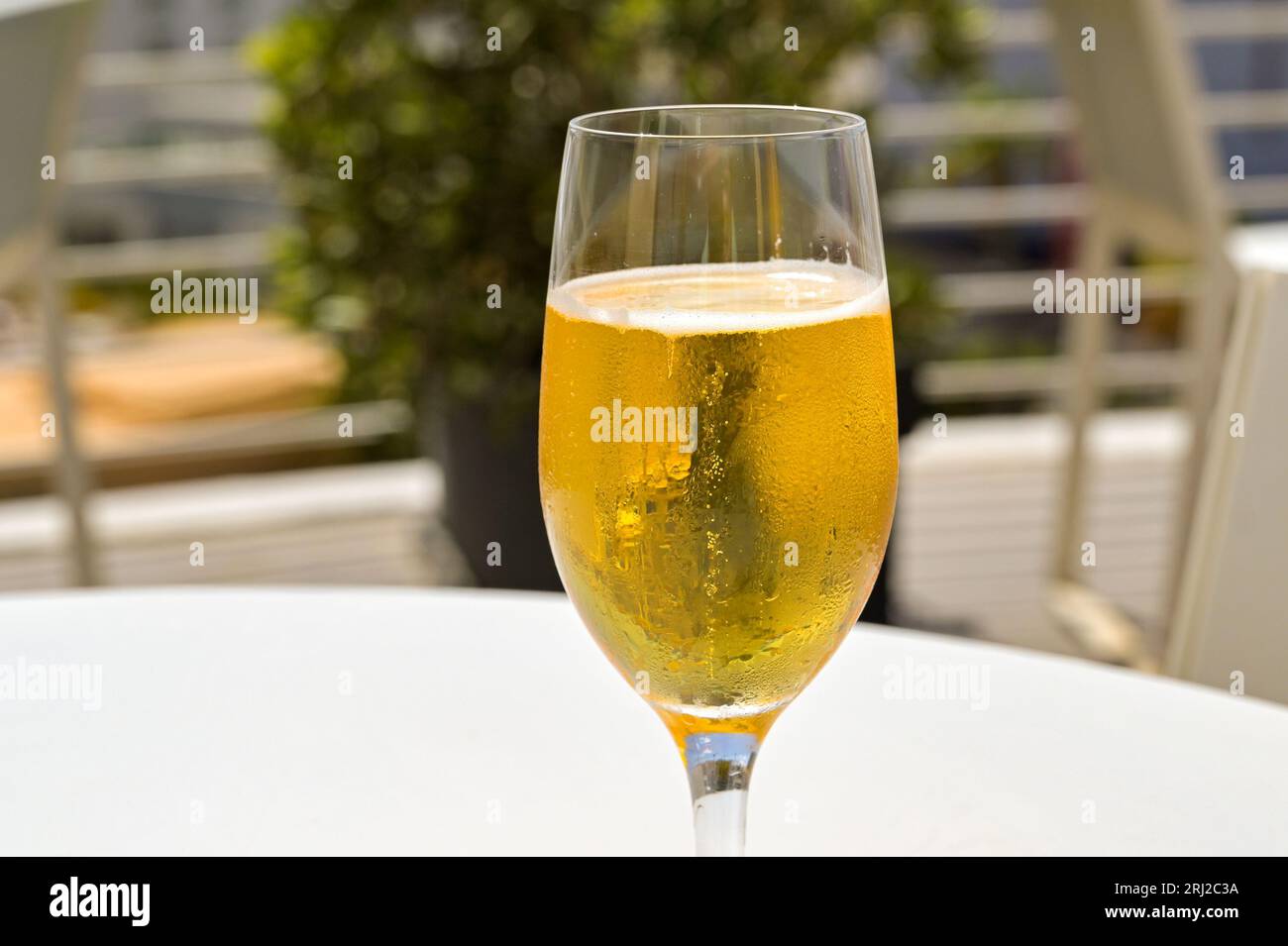 Glass of chillded golden colour lager beer on a table on the outdoor ...