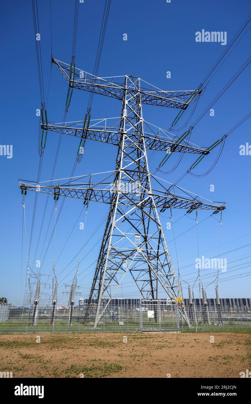 High voltage powerlines of Tennet at powerstation Hessenweg in Zwolle ...