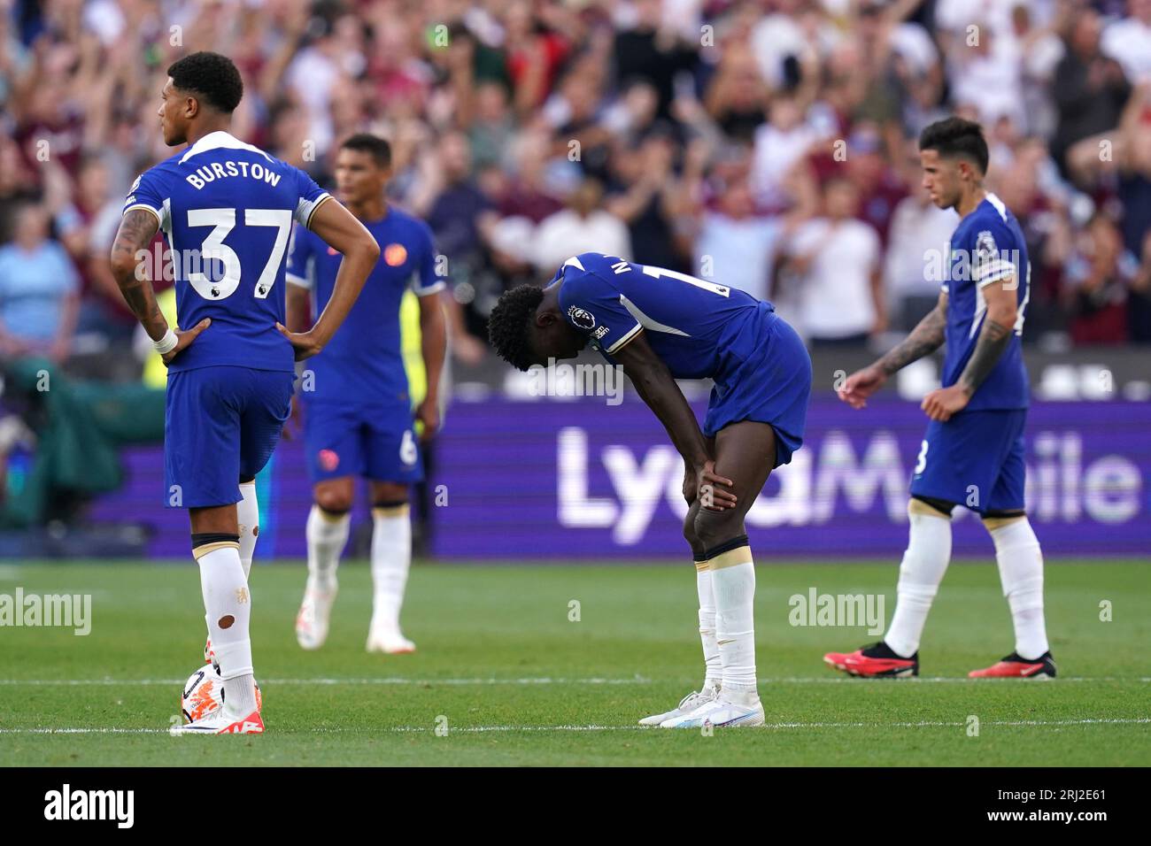 Chelsea's Nicolas Jackson (centre right) dejected following the Premier ...