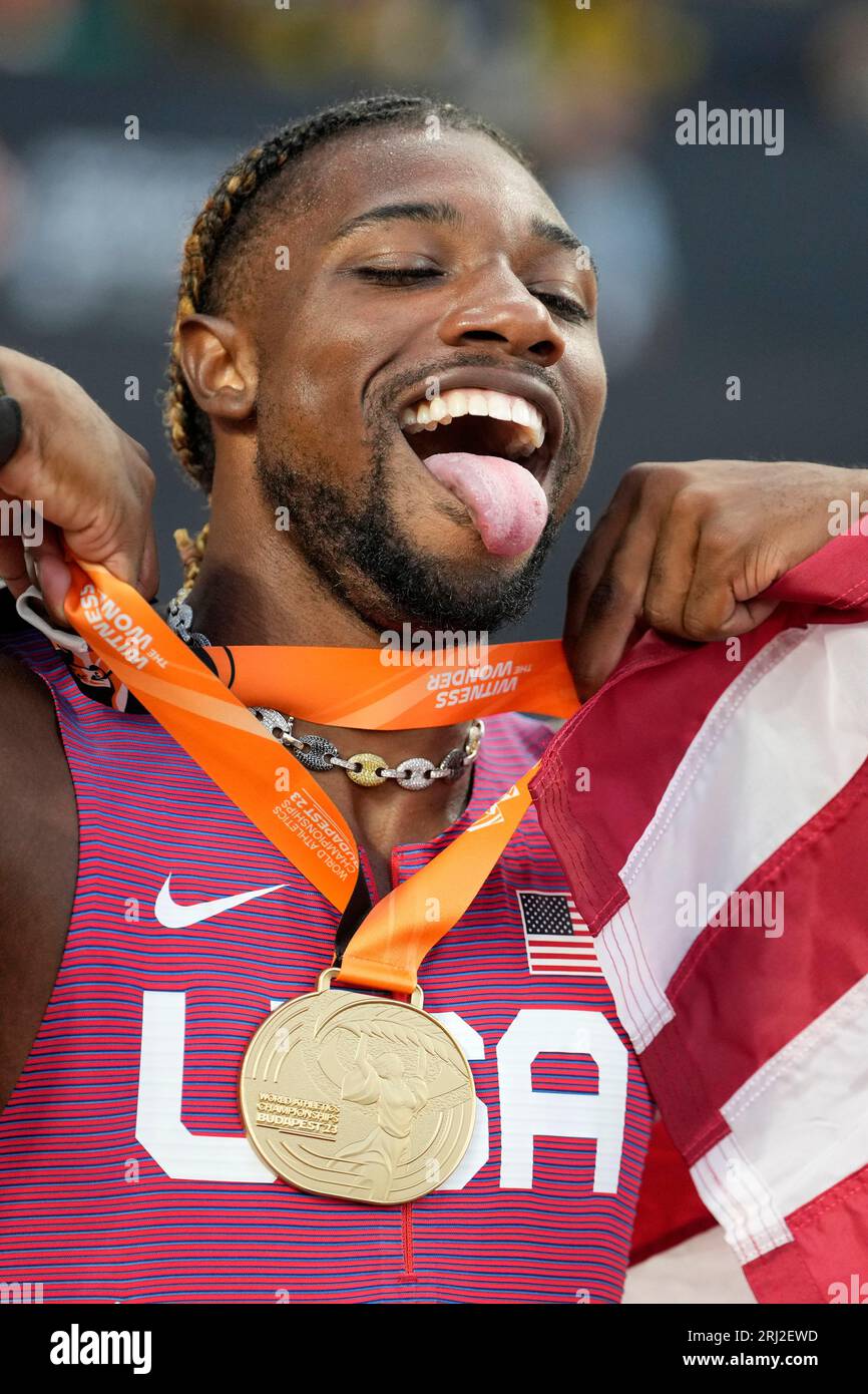 Noah Lyles, of the United States, poses after winning the gold medal in ... Noah Lyles, of the United States, poses after winning the gold medal in ...