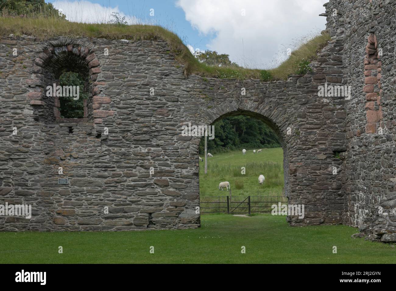Looking through the doorway of an acient castle at some sheep in a ...