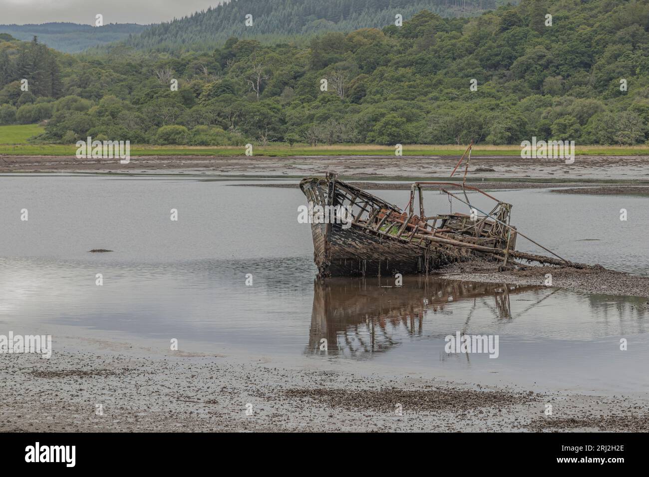 Wreck of a broken fishing boat stuck in the mud on the bottom of a sea ...