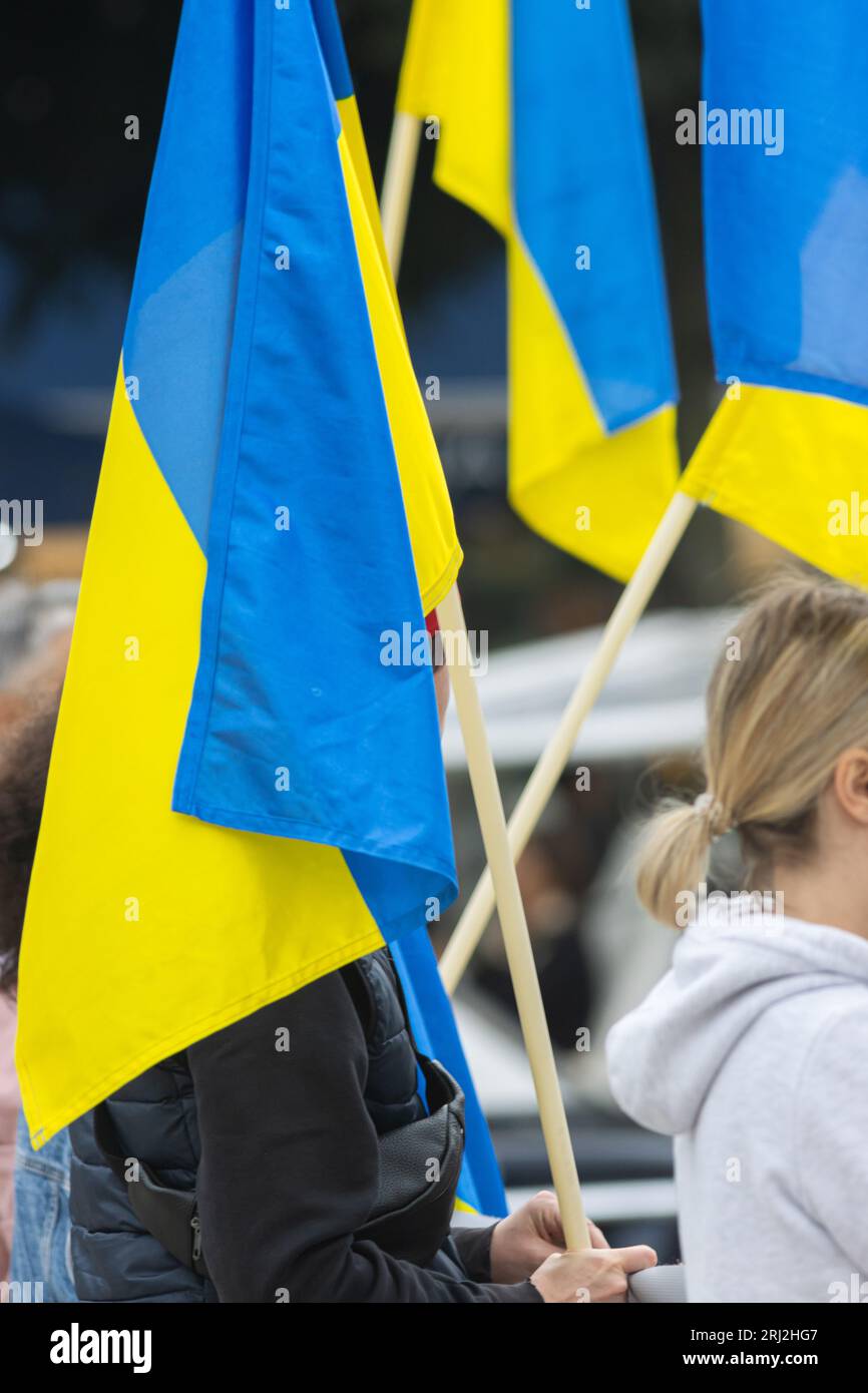 People hold Ukrainian flags during protest. Vertical shot Stock Photo ...