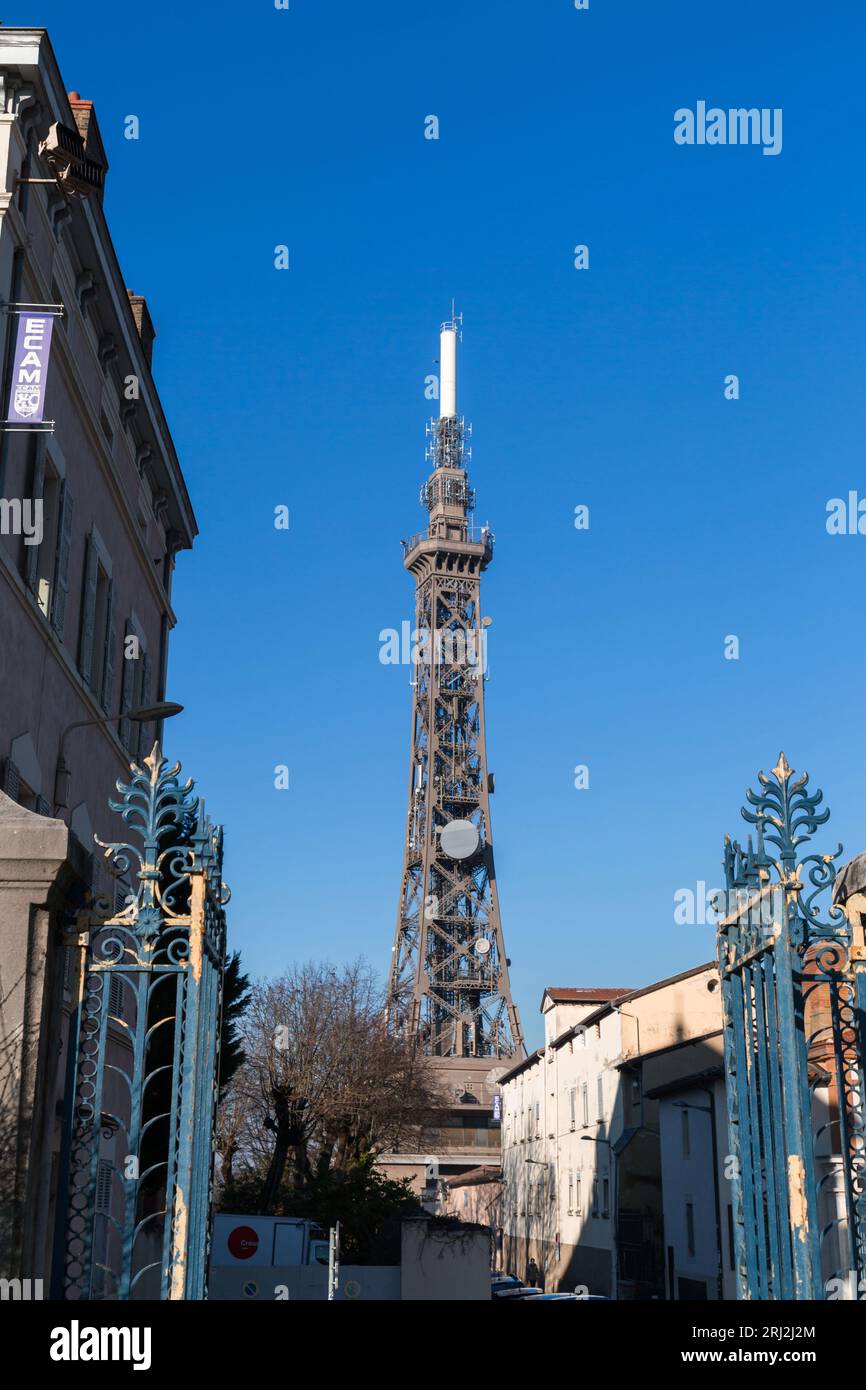 Lyon, France - January 25, 2022: The Metallic tower of Fourviere, a ...