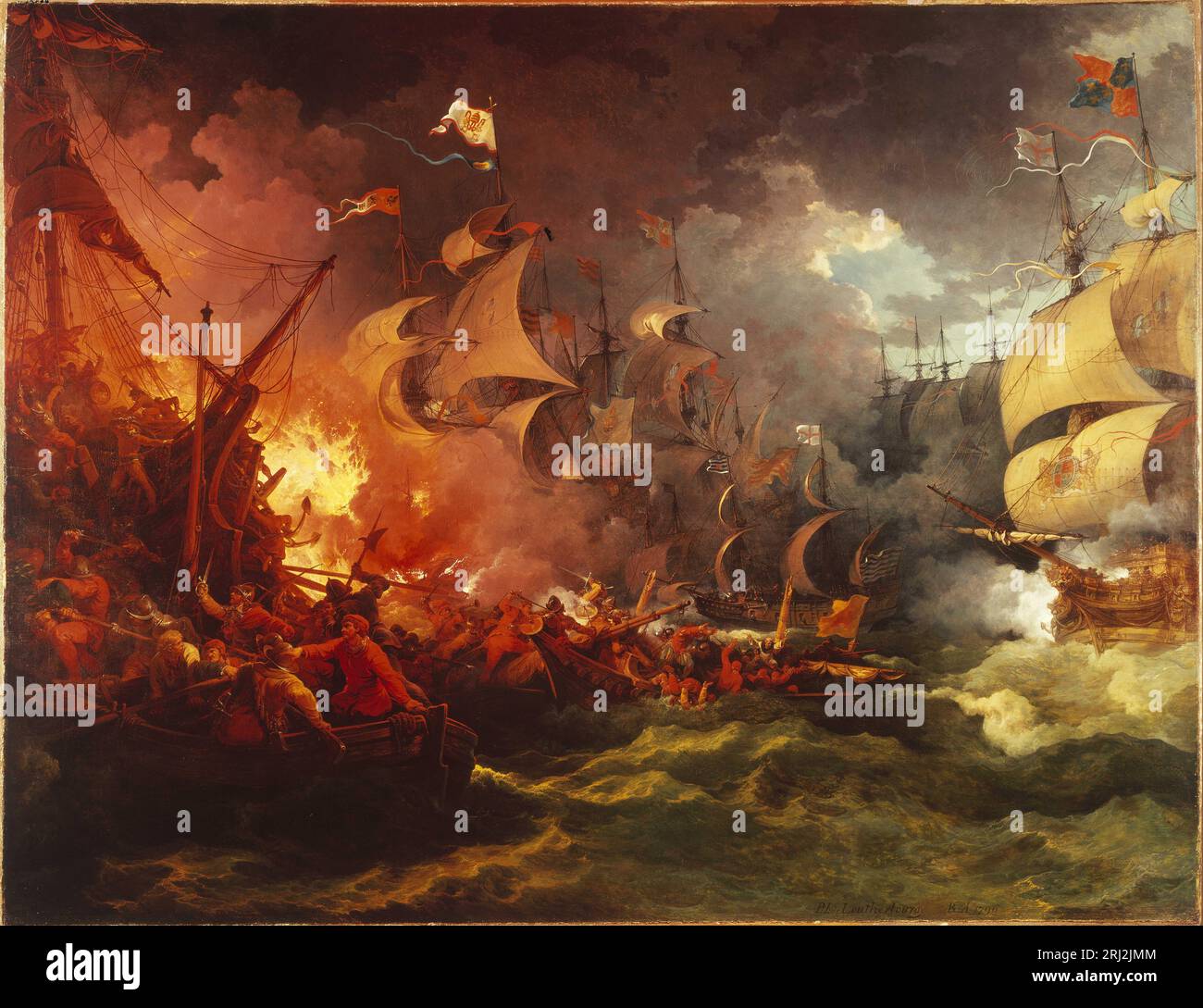 A painting depicting the defeat of the Spanish Armada in the English ...