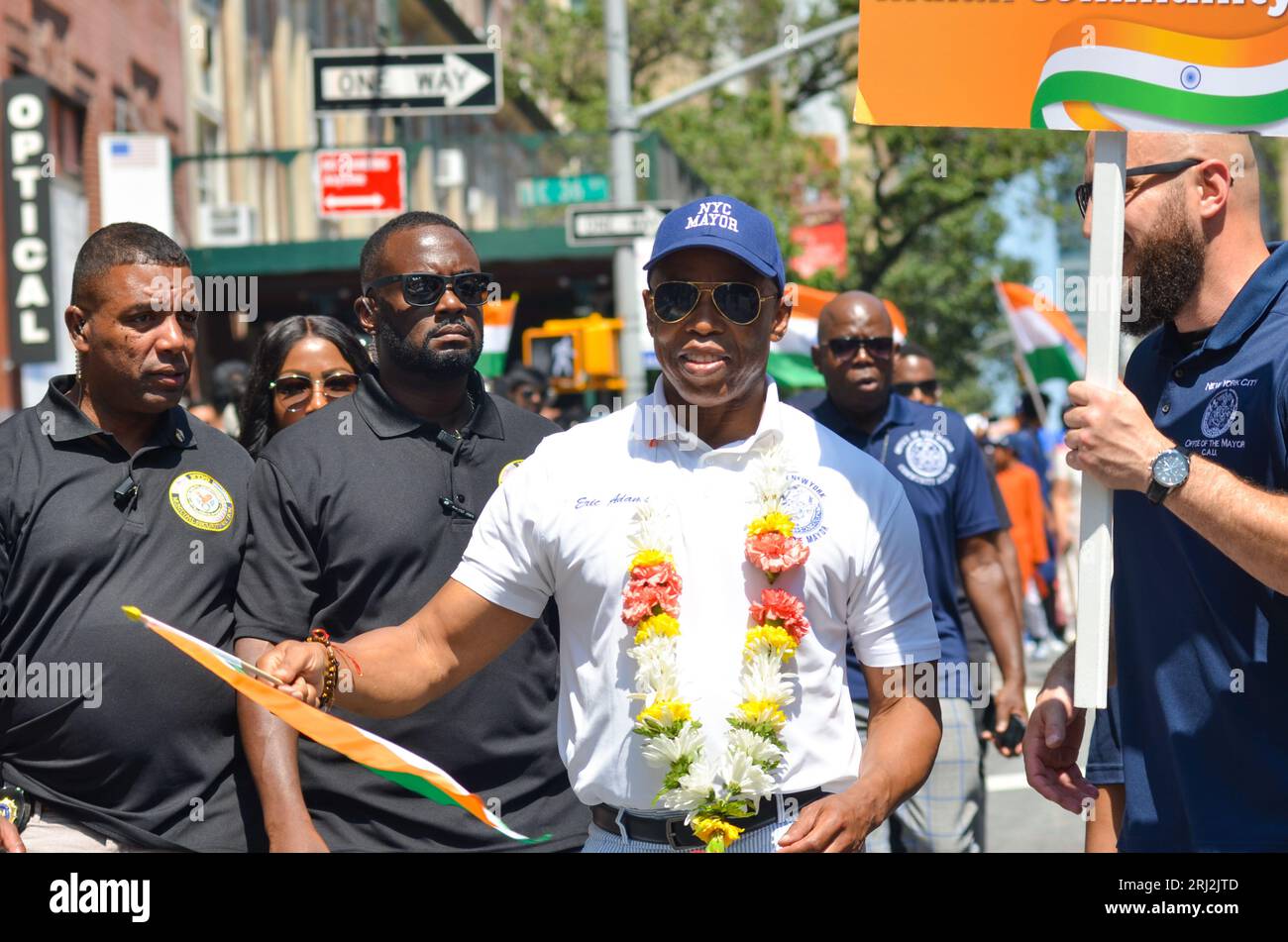 New York, United States. 20th August, 2023. Mayor Eric Adams holds ...