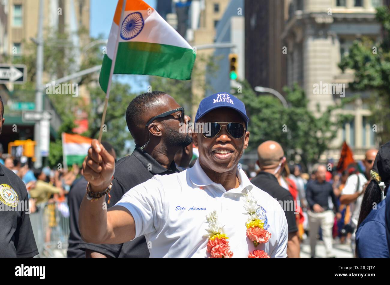 New York, United States. 20th August, 2023. Mayor Eric Adams holds ...