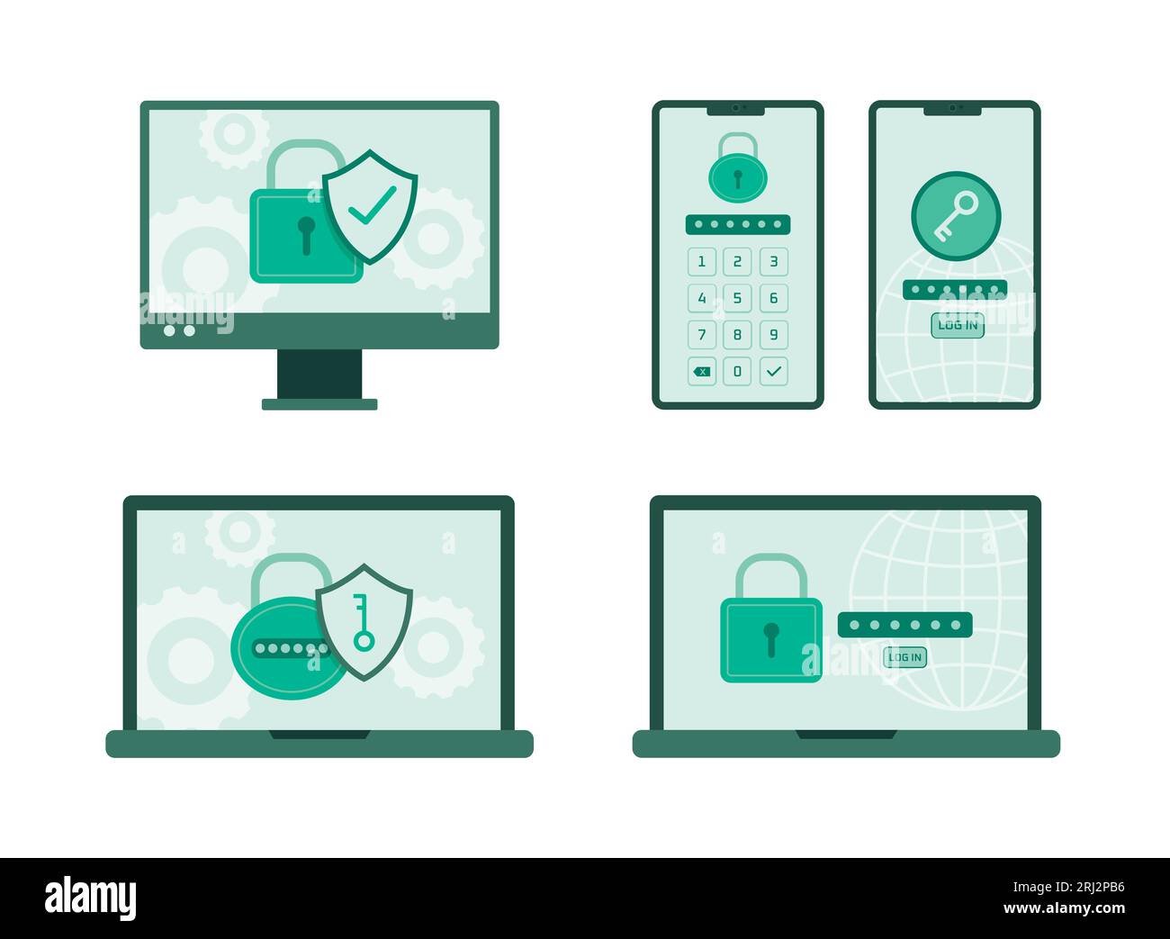 Set of Computers and Mobile Phones with Safety Lock Screen for Cyber Security Concept ...