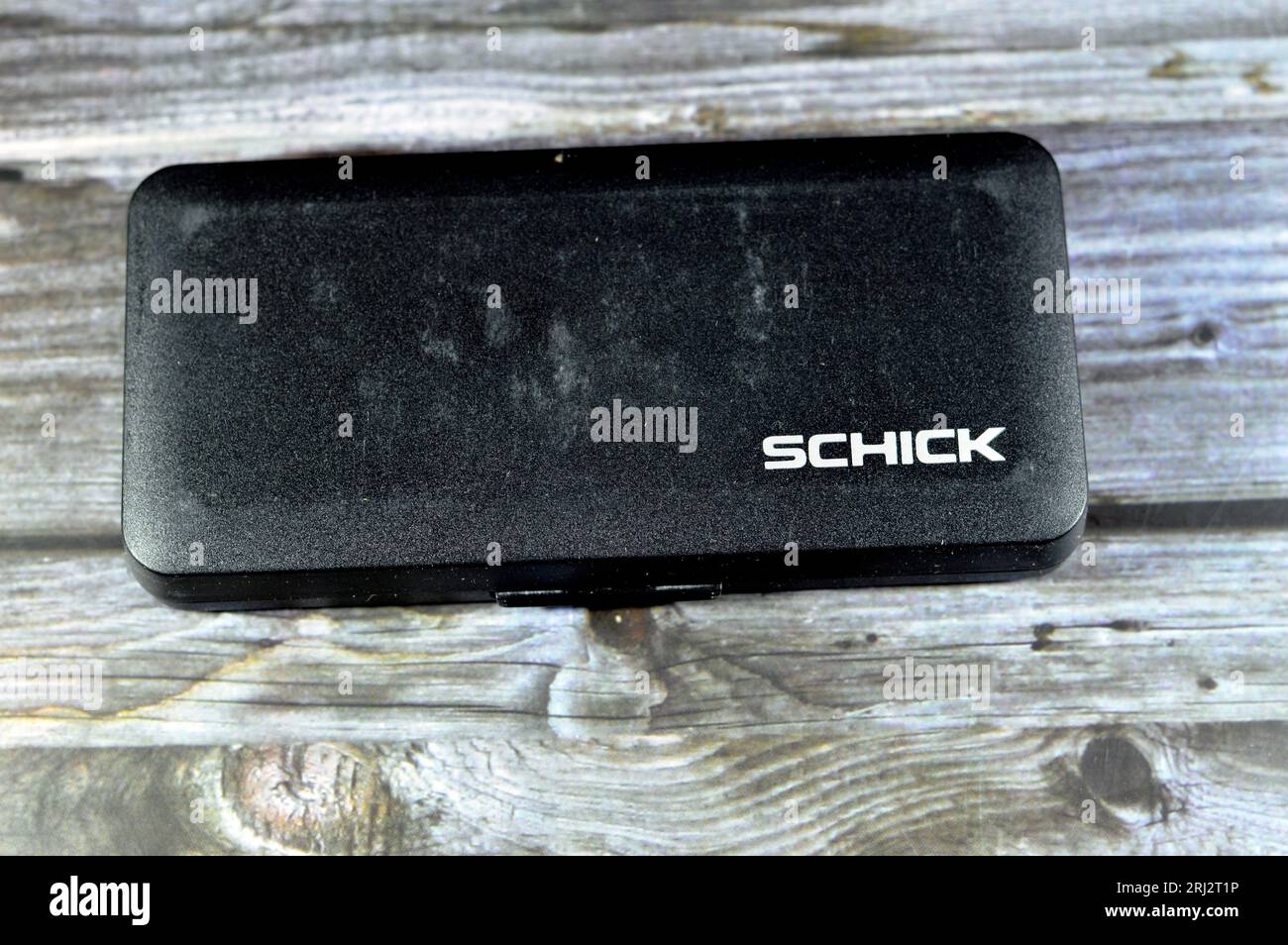 Giza, Egypt, August 12 2023: Old Schick Super II handle and razors ...