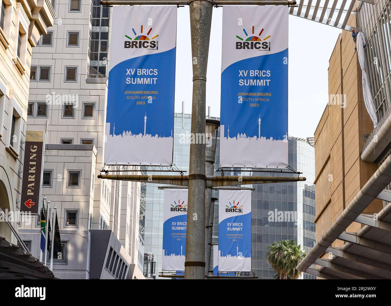 Banners advertising the 2023 BRIC's summit are hung in front of the ...