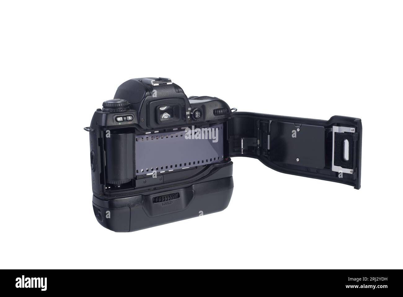 an old analog camera with a roll of film on a transparent background ...