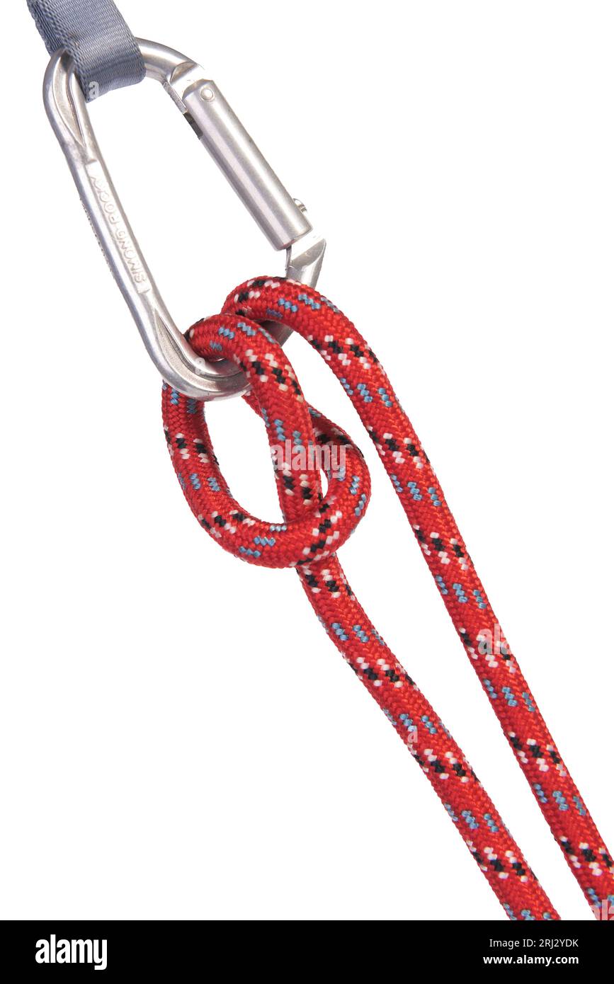 a red climbing rope knotted on a carabiner on a transparent background ...