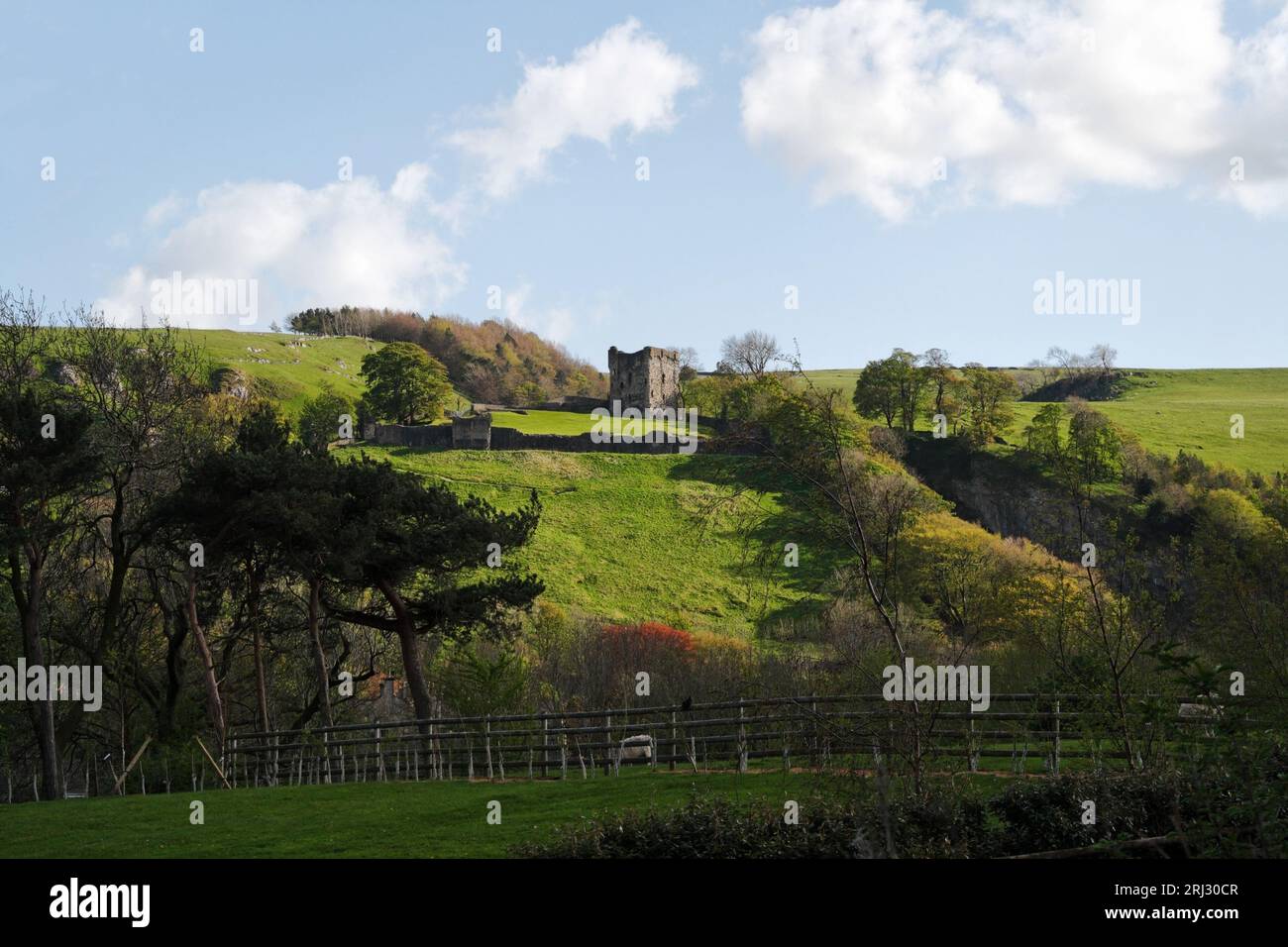 Peveril castle on hillside above Castleton Derbyshire England UK Peak ...