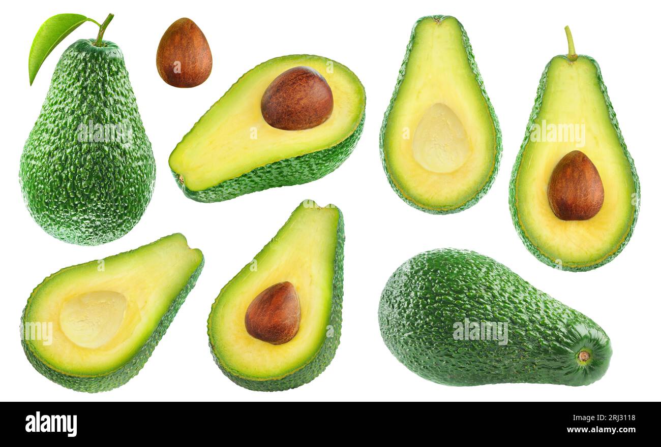Collection of whole and cut avocado fruits isolated on white background ...
