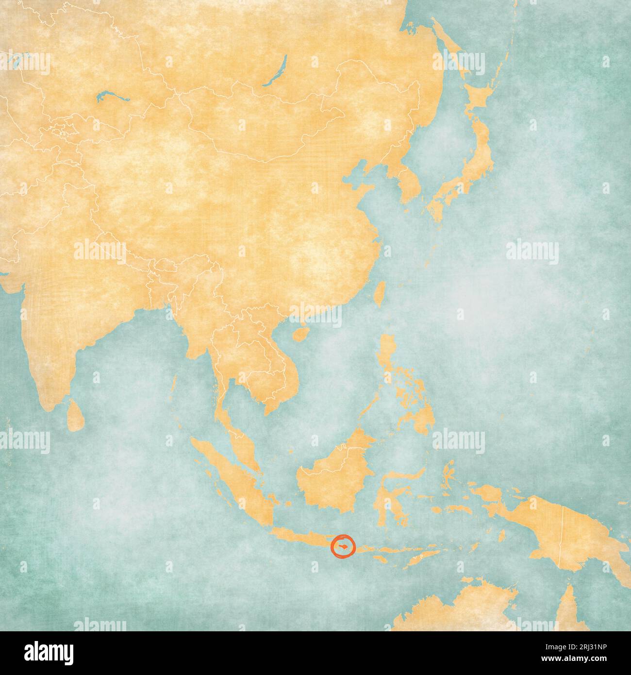 Bali on the map of East and Southeast Asia in soft grunge and vintage ...
