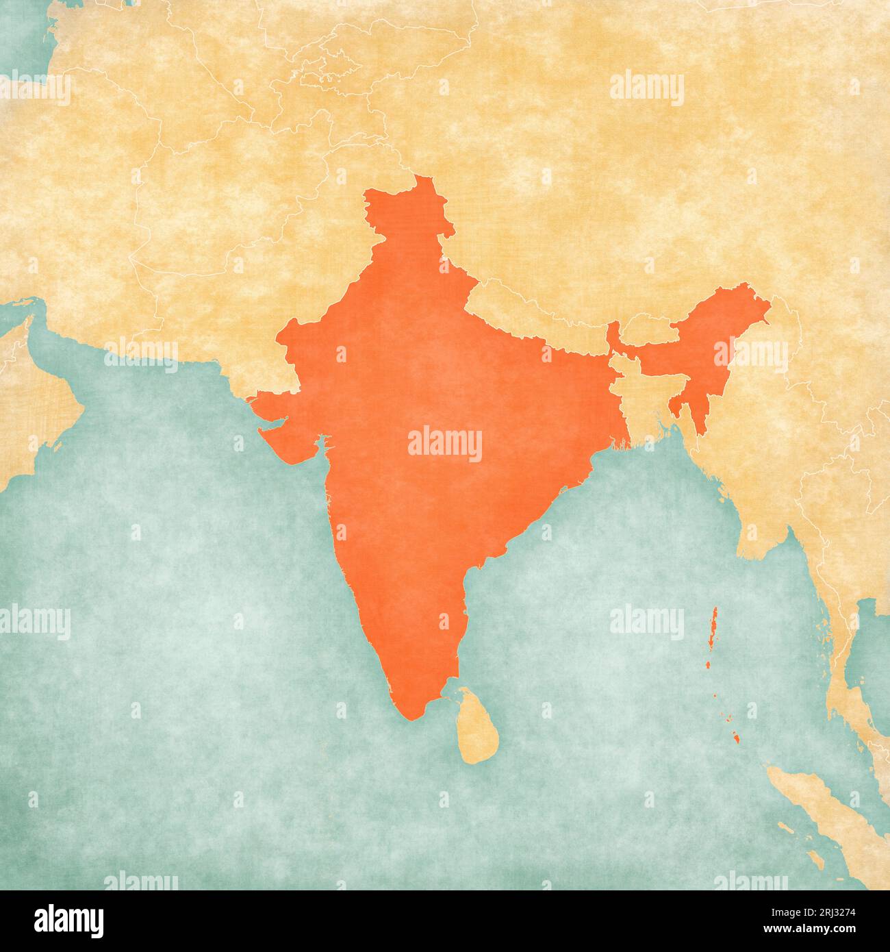 India on the map of South Asia in soft grunge and vintage style, like ...