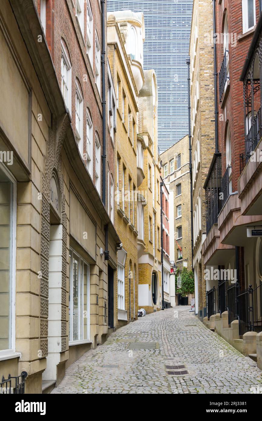 London, UK - July 31, 2023; View along ancient Lovat Lane EC3 in City ...