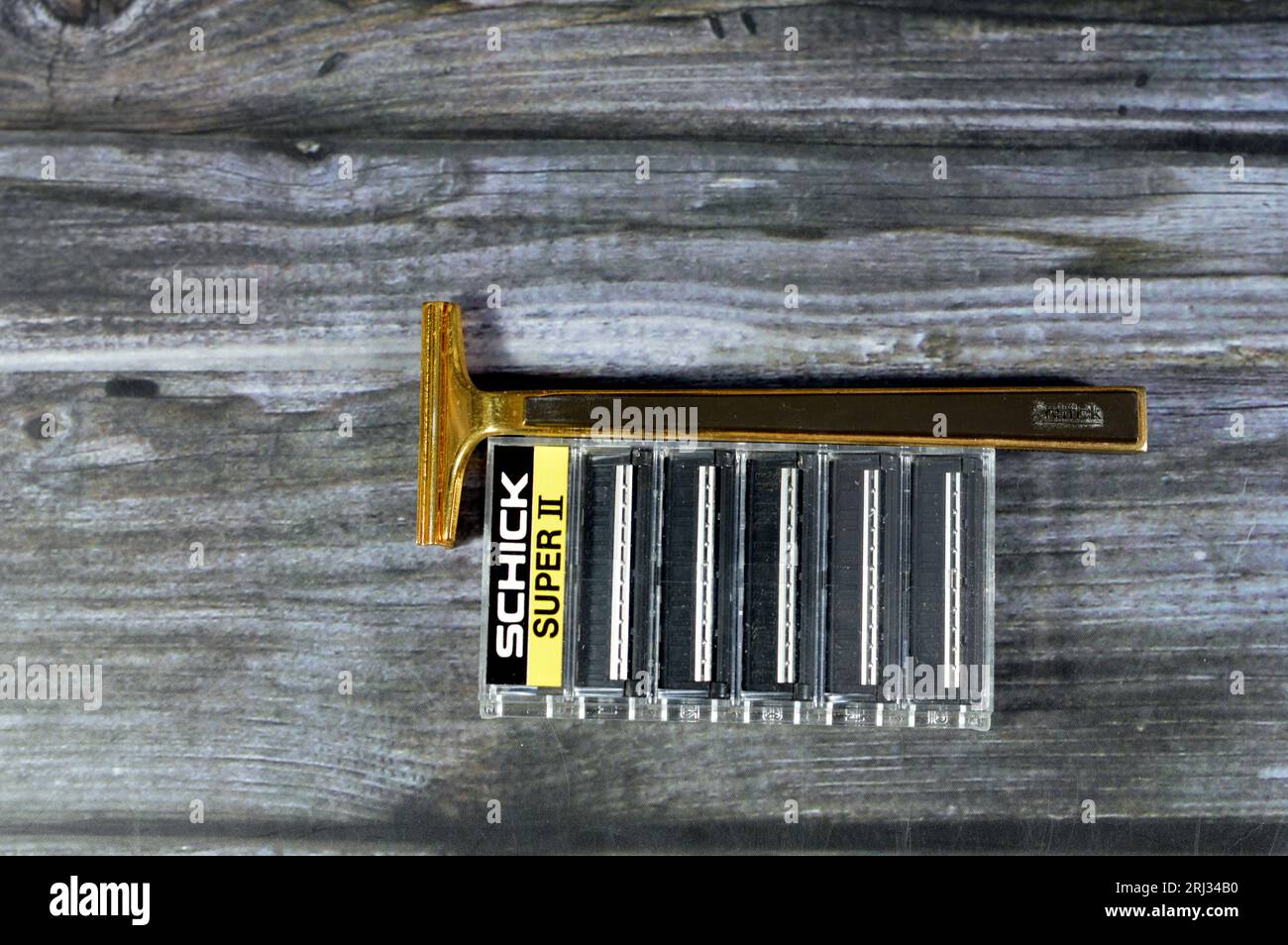 Giza, Egypt, August 12 2023: Old Schick Super II handle and razors ...