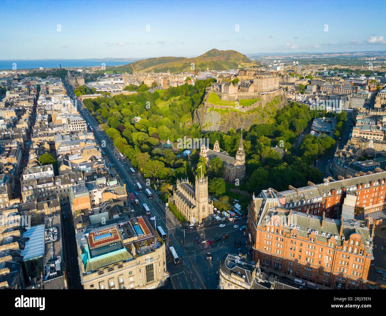 Aerial view of Edinburgh towards the castle and Princes Street Gardens ...
