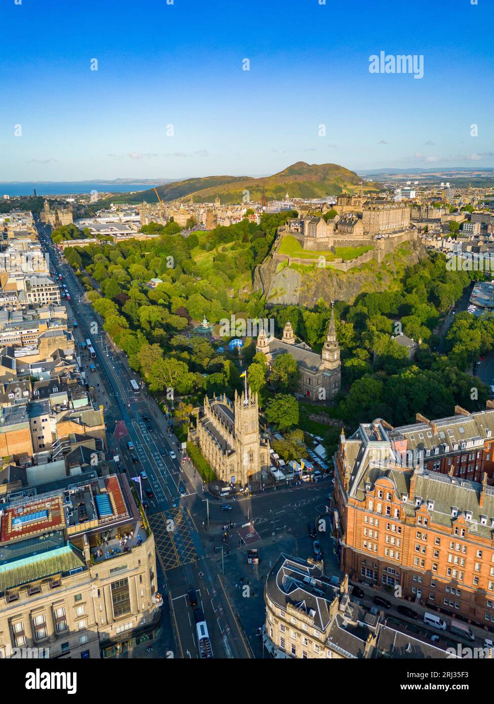 Aerial view of Edinburgh towards the castle and Princes Street Gardens ...