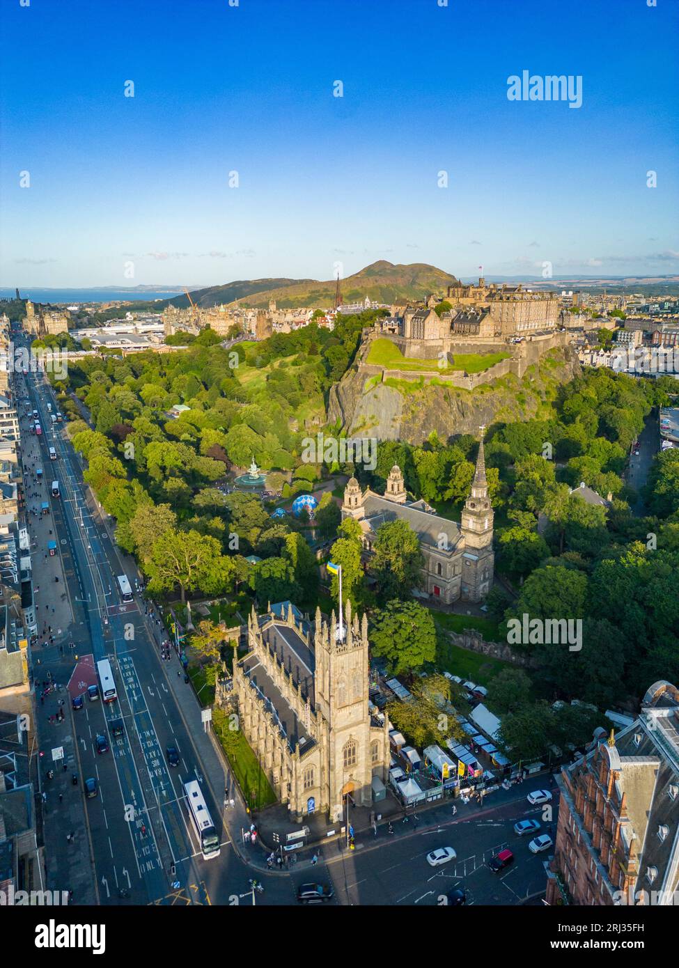 Aerial view of Edinburgh towards the castle and Princes Street Gardens ...