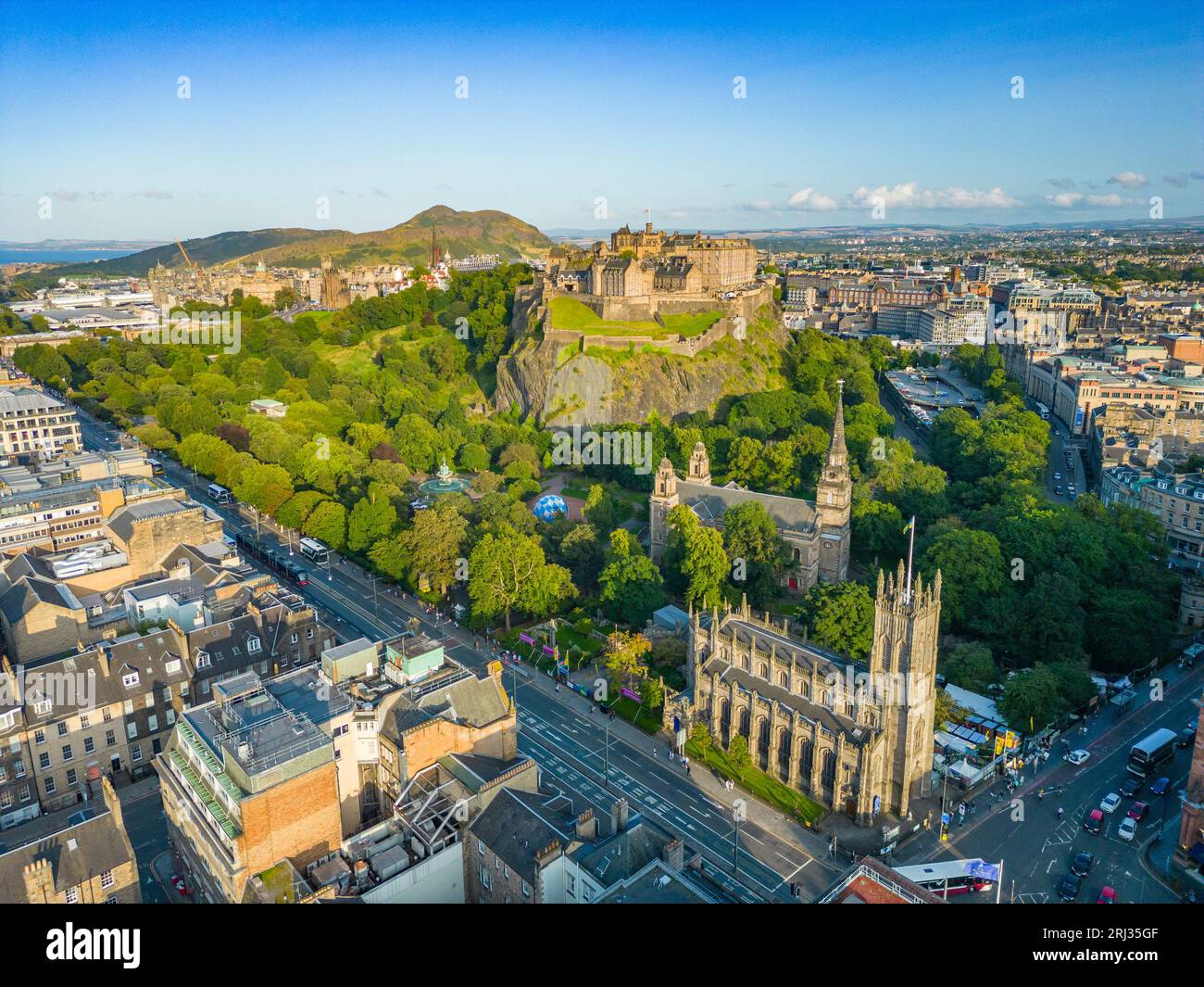 Aerial view of Edinburgh towards the castle and Princes Street Gardens ...