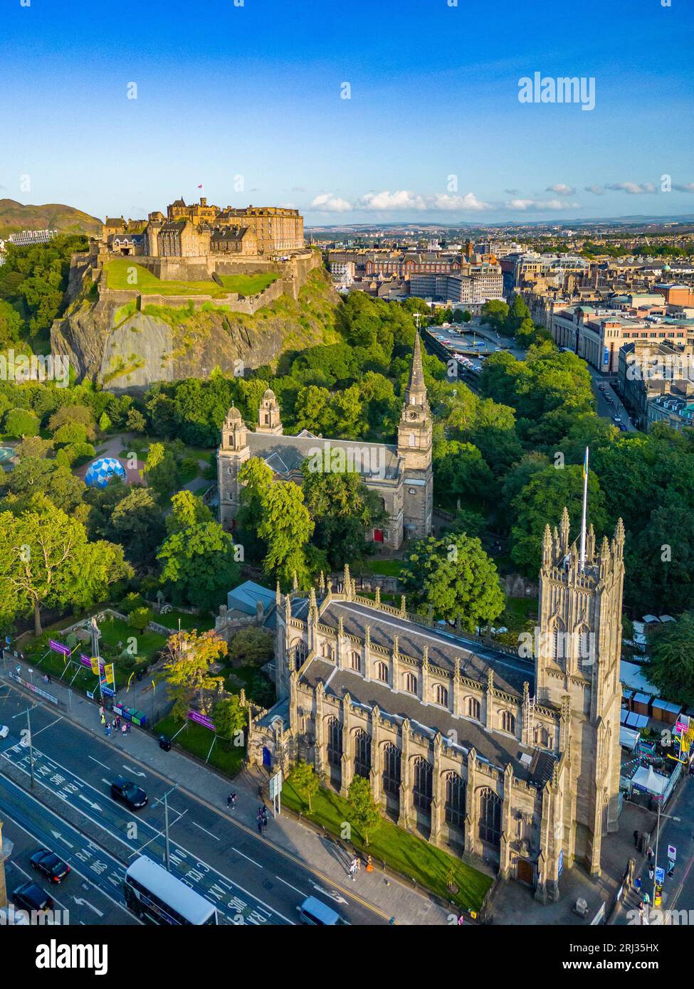 Aerial view of Edinburgh towards the castle and Princes Street Gardens ...