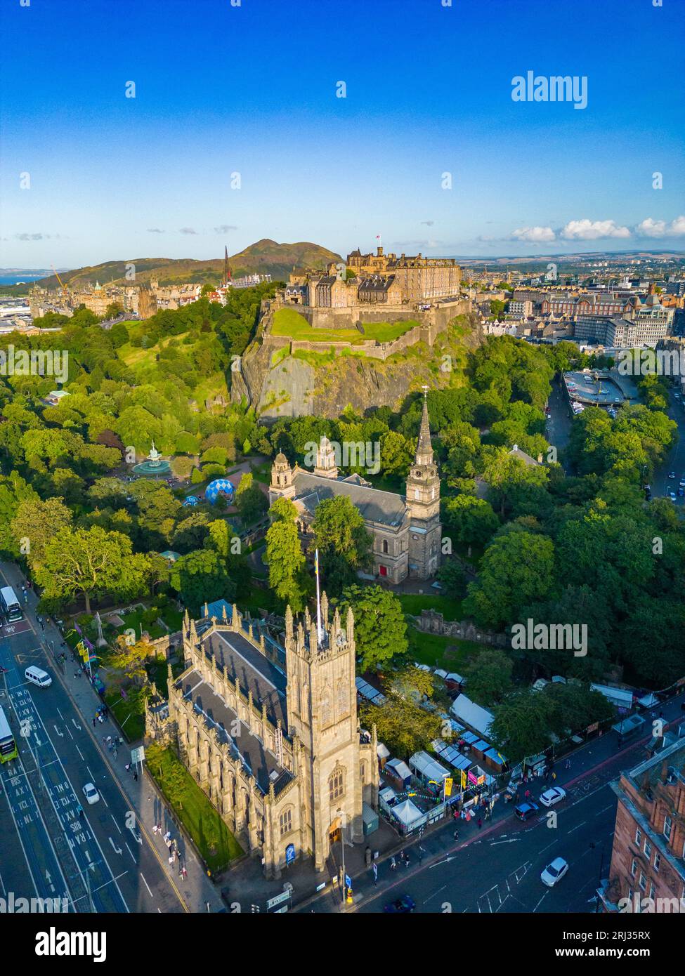 Aerial view of Edinburgh towards the castle and Princes Street Gardens ...