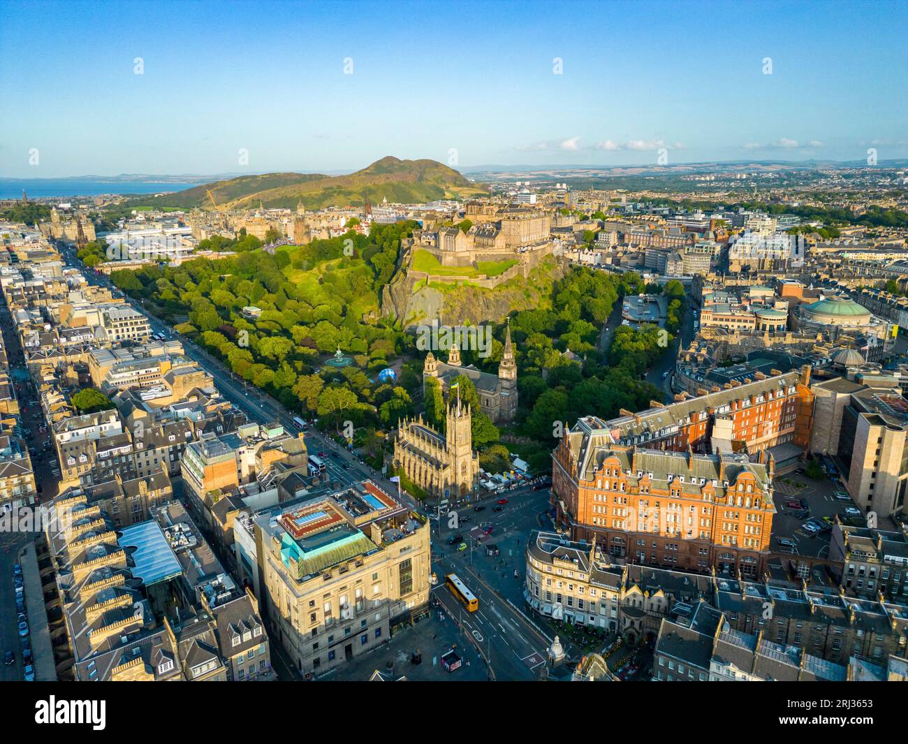 Aerial view of Edinburgh towards the castle and Princes Street Gardens ...