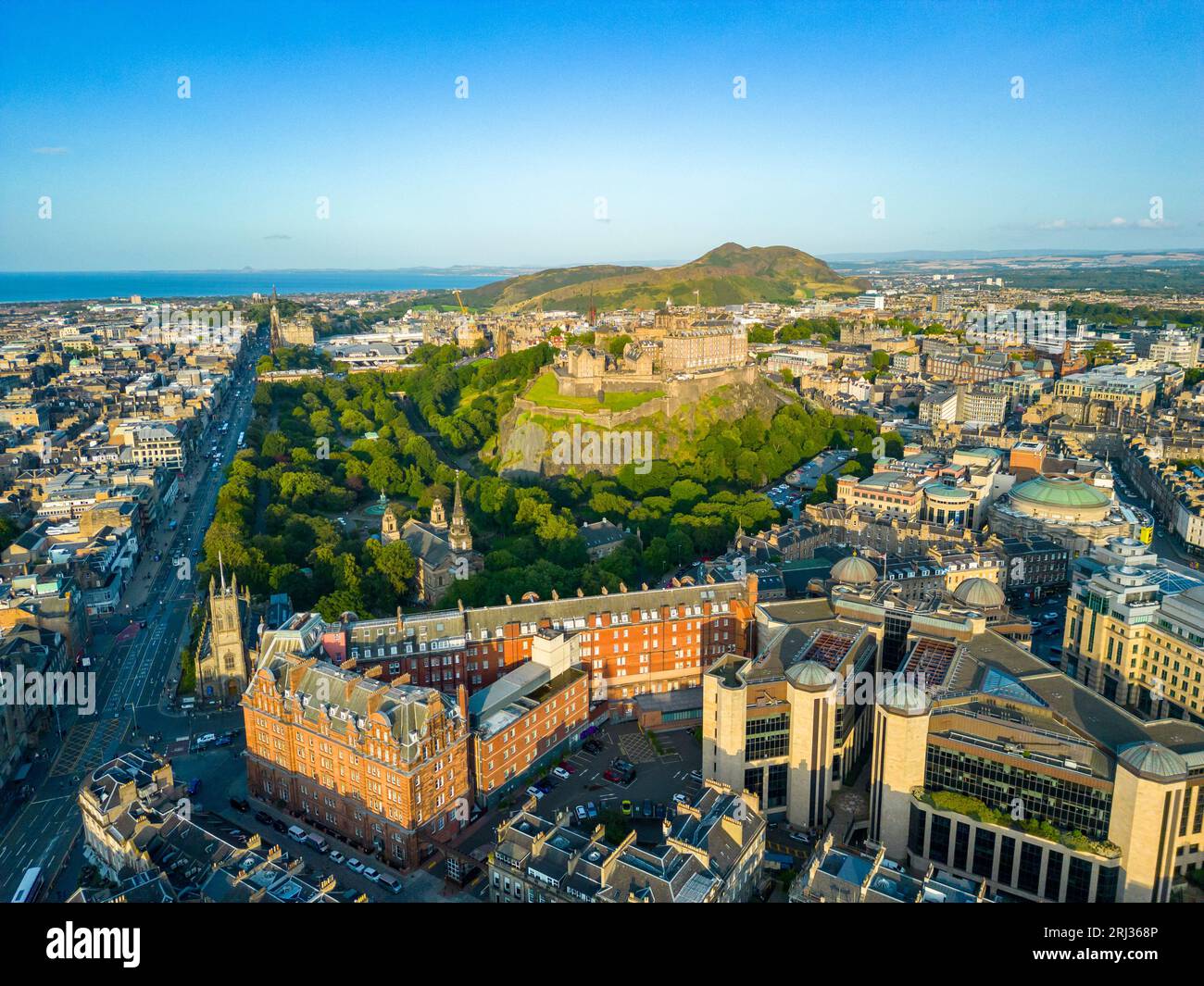 Aerial view of Edinburgh towards the castle and Princes Street Gardens ...