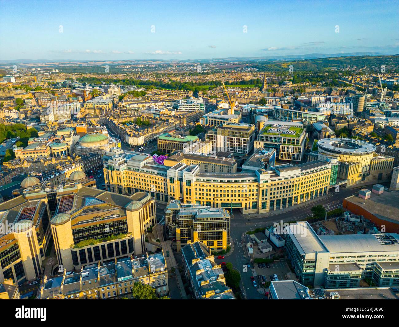 Aerial view of Edinburgh towards offices in Fountainbridge district ...