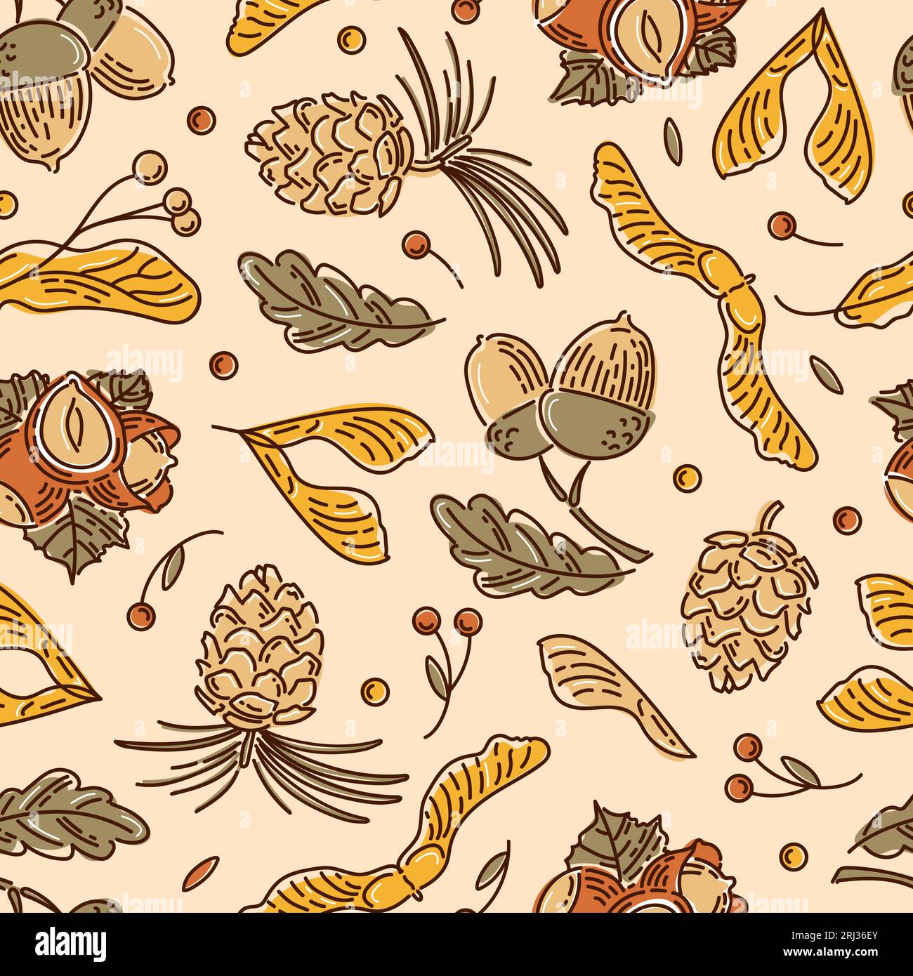 Hello, Autumn. Seamless pattern from nuts and seeds. Acorns with leaves ...