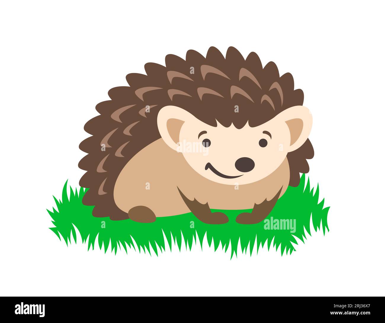 Cute smiling little hedgehog sitting in green grass. Simple flat ...