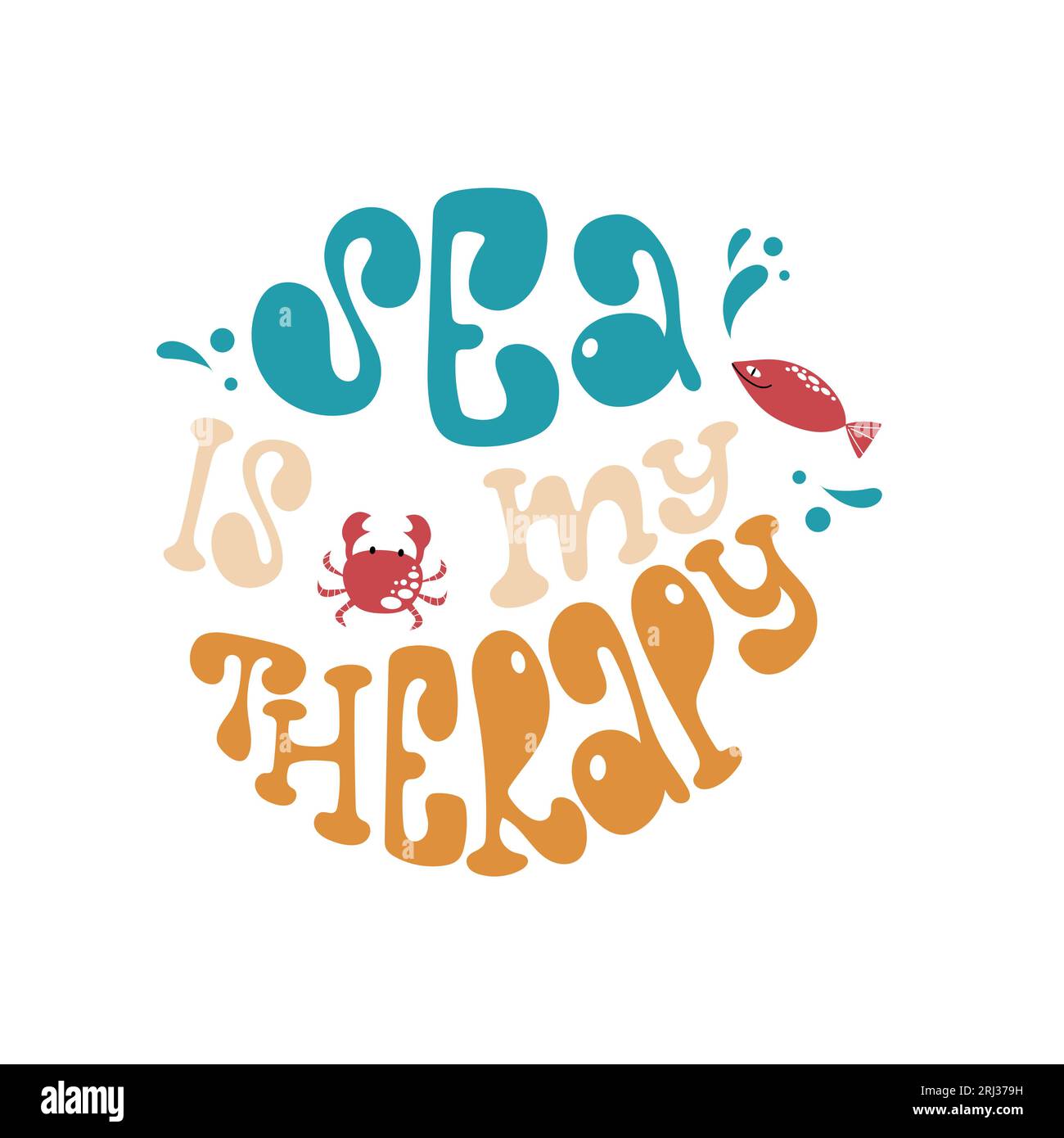 Sea is my therapy handdrawn lettering composition in a round shape with ...