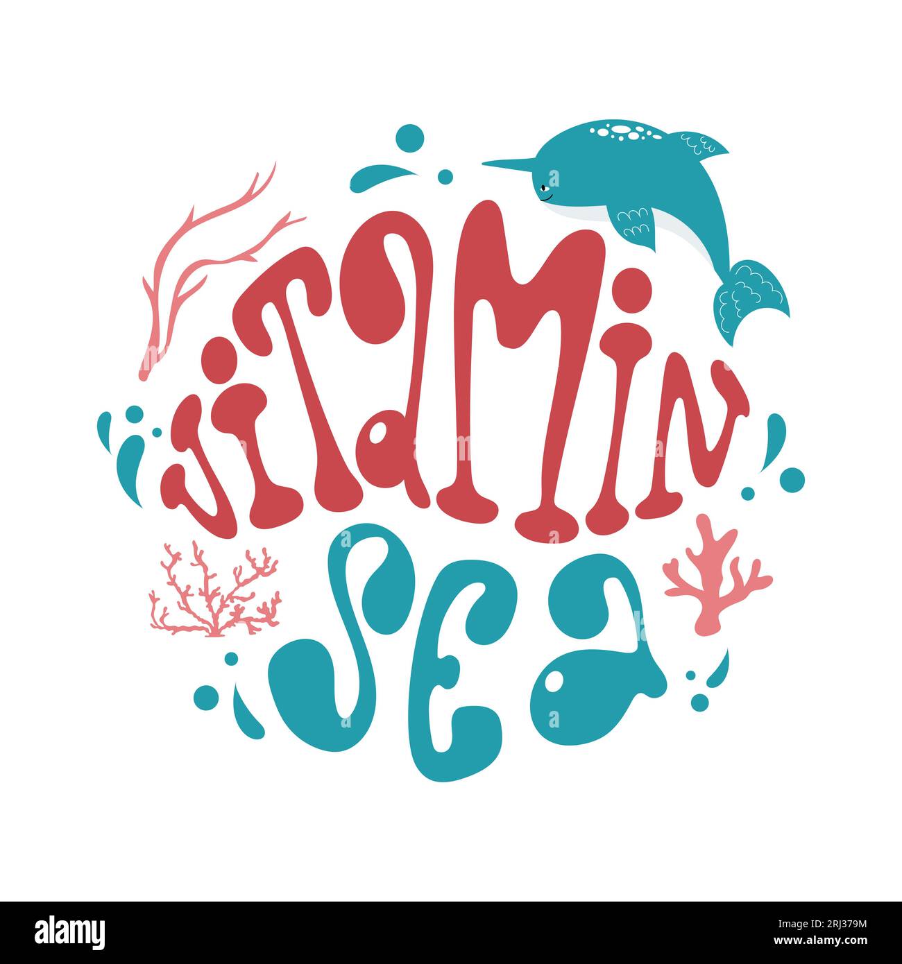 Vitamin sea handdrawn lettering phrase in groovy style. Design in a ...